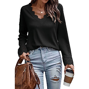 Trendy Queen Womens Fall Tops 2023 V Neck Lace Crochet Long Sleeve Blouses Teacher Outfits Ribbed Knit Sexy Casual Boho Clothes Fashion Tunic Tops A-Black