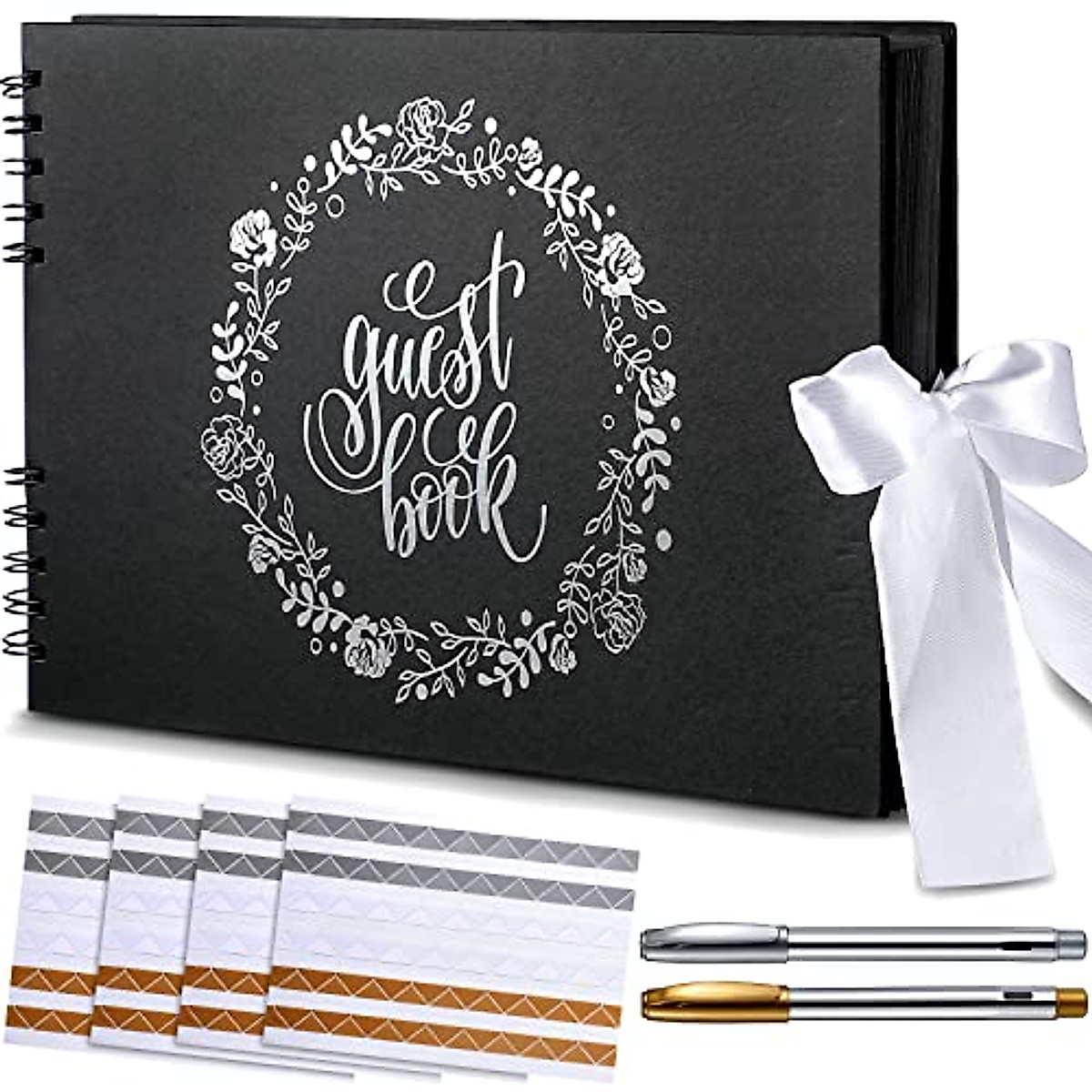 Wedding Guest Book 12 x 8 Inch Hard Cover Photo Album Sign in Registry Guestbook Scrapbook with Silver Foil Gilded Edges Ribbons 100 Pages Black Hardbound Book with 2 Pens 4 Photo Corners for Wedding
