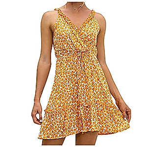 Casual Beach Dresses for Summer Ruffled Floral Women's Dress Dexy Mini Suspender Dress V-Neck Women's Dress (Orange, M)