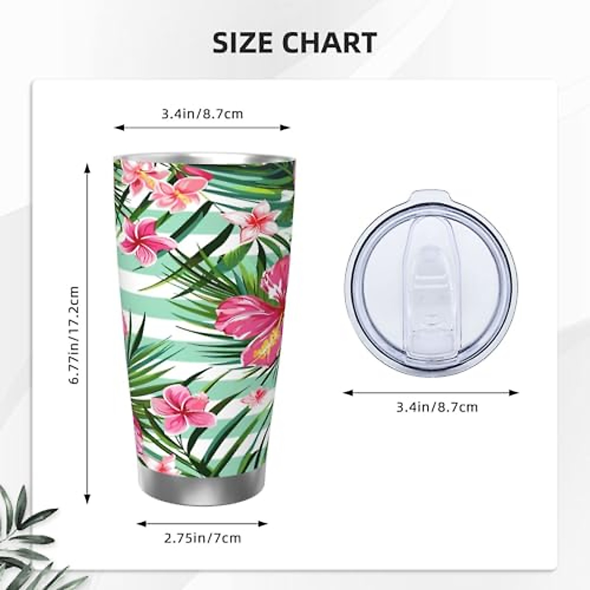 AYCZN Palm Leaves Floral 20 OZ Tumbler Stainless Steel Travel Coffee Mug, Stripe Flower Insulated Water Bottle with Lid and 2 StrawsLeakproof Thermal Cup