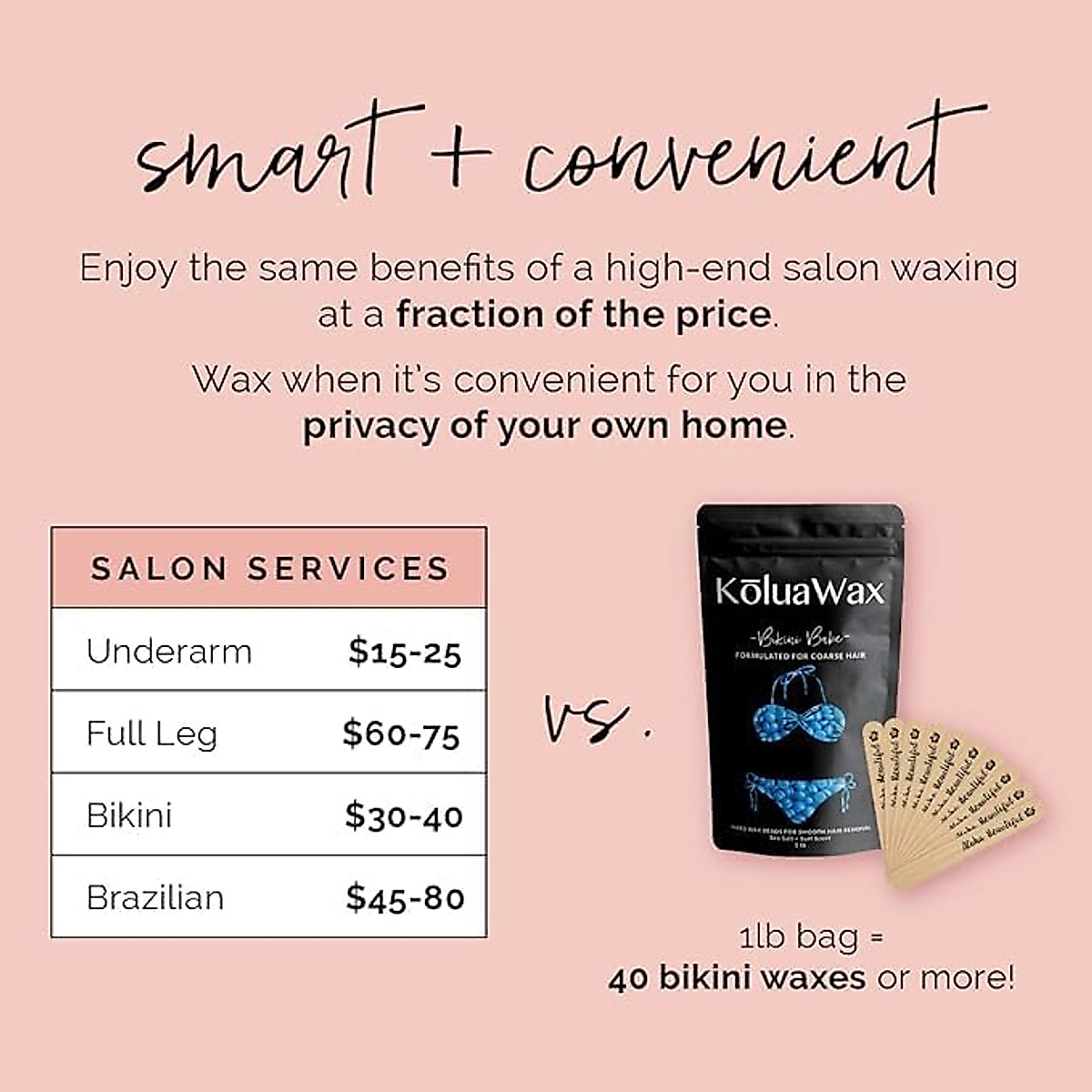 KoluaWax Hard Wax Beads for Hair Removal – Coarse Hair Formula – Face, Brazilian, Underarms, Back Chest, Bikini Waxing – Sea Salt & Surf, 1lb Refill for Wax Warmers & 10 Large Applicator Sticks