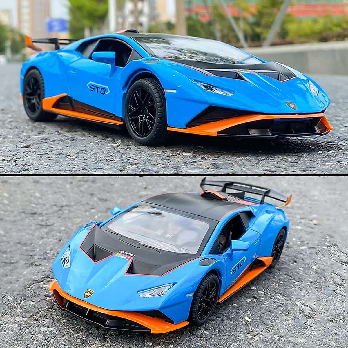 1:24 Alloy Diecast Car Model for Lamborghini Huracan STO 2021 Toy Car, Pull Back Vehicles Model Cars Toy for Kids 3 to 12 Years Old Gift Adult Collection Car Model with Light & Sound (Vibrant Blue)