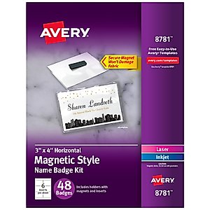 Avery Customizable Name Badges with Magnets, 3" x 4", Clear Name Tag Holders with White Printable Inserts, 48 Magnetic Name Badges (8781)