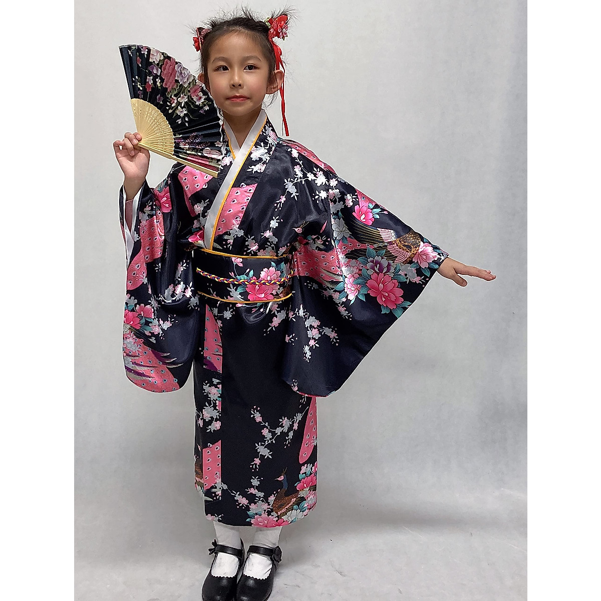 Japanese Traditional Dress Kimono Robe for Kids Girls Costume Silk Folding Fans hairstick Set(Black150cm)