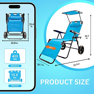 Slsy Beach Cart Chairs with Wheels, 2 in 1 Heavy Duty Beach Chair with Canopy Shade, Foldable Beach Lounge Chair with Integrated Wagon Pull Cart Combination, Perfect for Backyard, Pool or Picnic