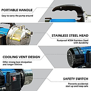 FLUENTPOWER 1.5HP Portable Sprinkler Booster Pump, Stainless Steel Shallow Well Pump 1200GPH, Water Pressure Transfer Pump for Home Garden Lawn Irrigation