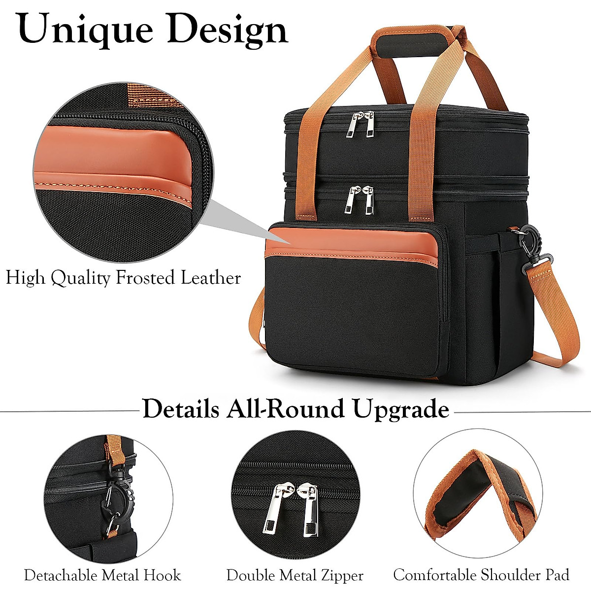 HSHPX Insulated Lunch Box Lunch Cooler Bag for Men: Expandable Large Lunchbox for Picnic Work Office Outdoor - Reusable Double Deck Lunch Tote for Adults Black Brown 15L