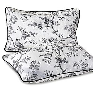EVENHUG Quilted Pillow Shams Set of 2 Black Bird Pillow Covers Floral Pillowcases Matching Bedding Decoration (20" X 36")