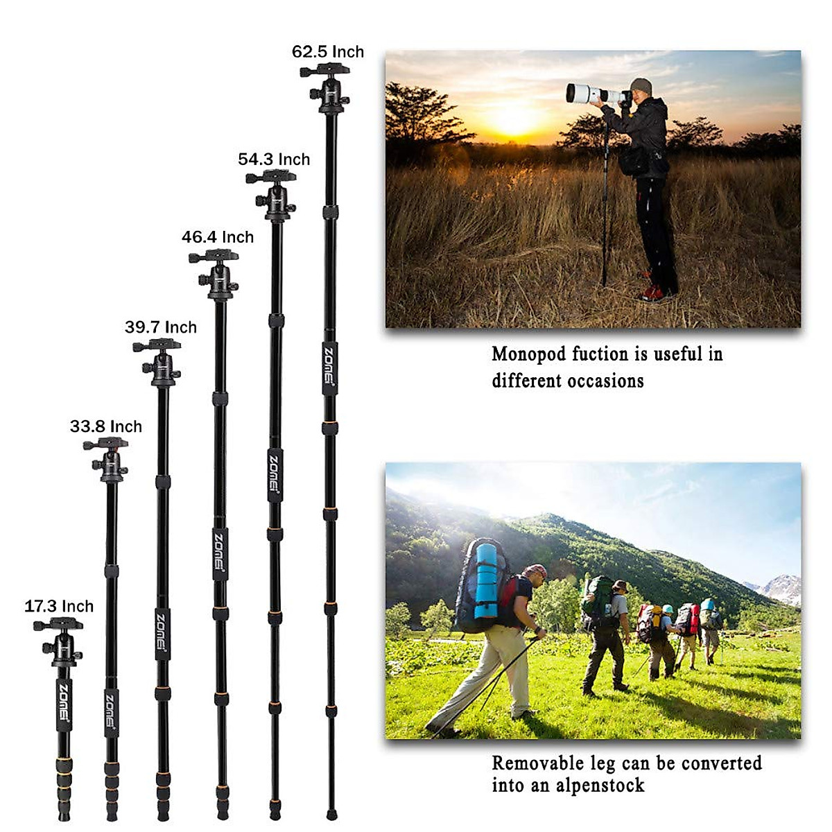 ZM Lightweight Portable Q666 Professional Travel Camera Tripod Monopod Aluminum Ball Head Compact for Digital SLR DSLR Camera