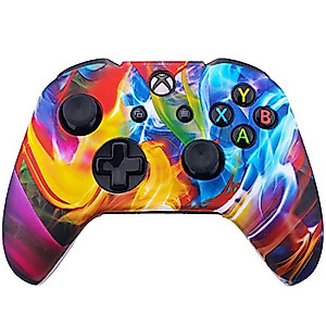 YoRHa Printing Rubber Silicone Cover Skin Case for Xbox One S/X Controller x 1(Colourful Stream) with Thumb Grips x 10