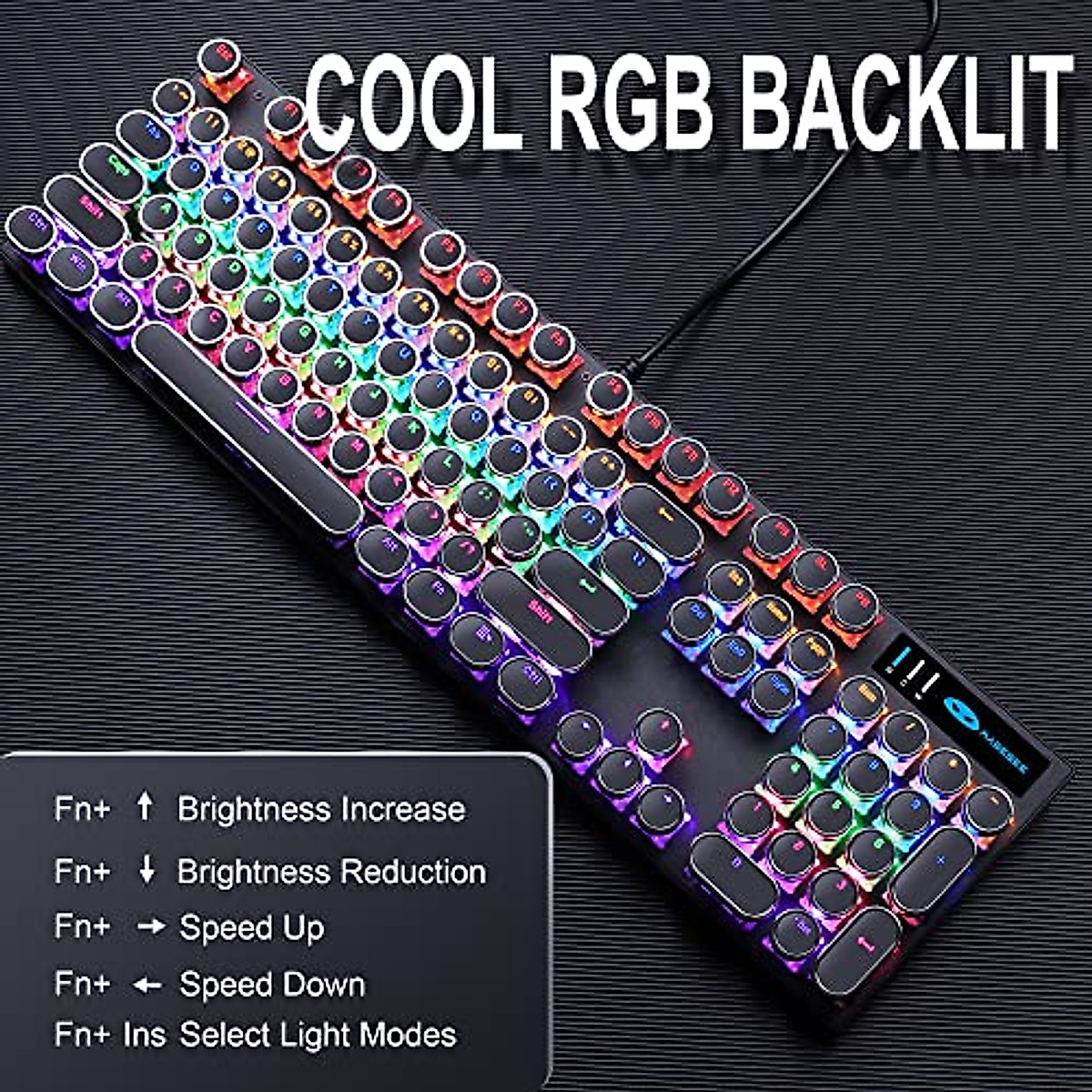 Camiysn Typewriter Style Mechanical Gaming Keyboard, Black Retro Punk Gaming Keyboard with RGB Backlit, 104 Keys Blue Switch Wired Cute Keyboard, Round Keycaps for Windows/Mac/PC