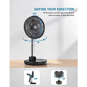 FARADAY Oscillating Standing Fan 12” Foldable Portable Quiet Floor Fan 12000mAh Rechargeable Pedestal Fan with Remote, Timer Setting, Height Adjustable Foldaway Fan for Bedroom Home Office, 6 Speed