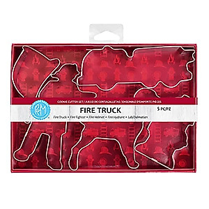 R&M International Fire Truck Cookie Cutters, Firefighter, Truck, Helmet, Hydrant, Dog, 5-Piece Set