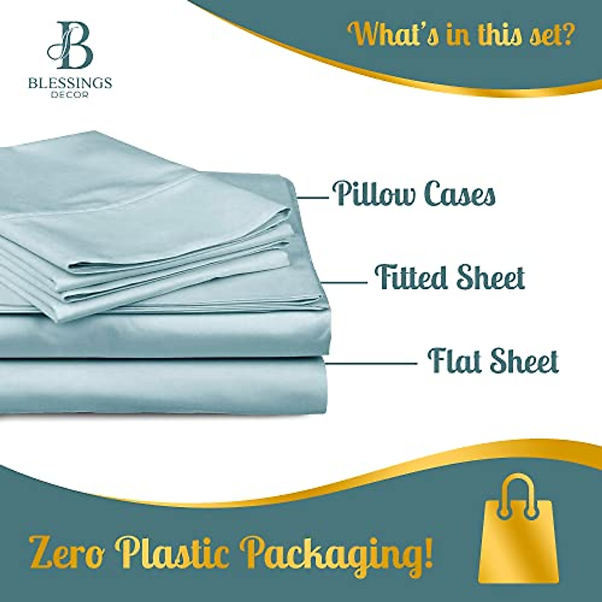 Blessings Decor Cotton Bedsheets Premium Hotel Quality 600 Thread Count 100% Sateen Weave Smooth Sheets with Elasticized Deep Pocket Sheet with Pillowcase (Chambray Blue, Queen)