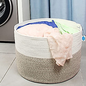 Casaphoria XXXLarge Cotton Rope Basket for Living Room - Woven Storage Basket with Handle for Blankets, Towels and Pillows Laundry Hamper | White and Brown (22" x 22" x 14")