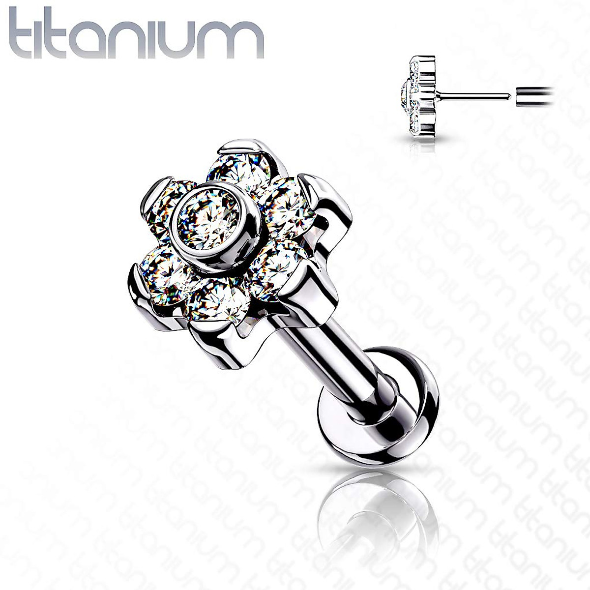 Dynamique Implant Grade Titanium Threadless Push In Labret, Flat Back Studs With CZ Set Flower Top For Cartilage, Monroe And Nose (Sold Per Piece)