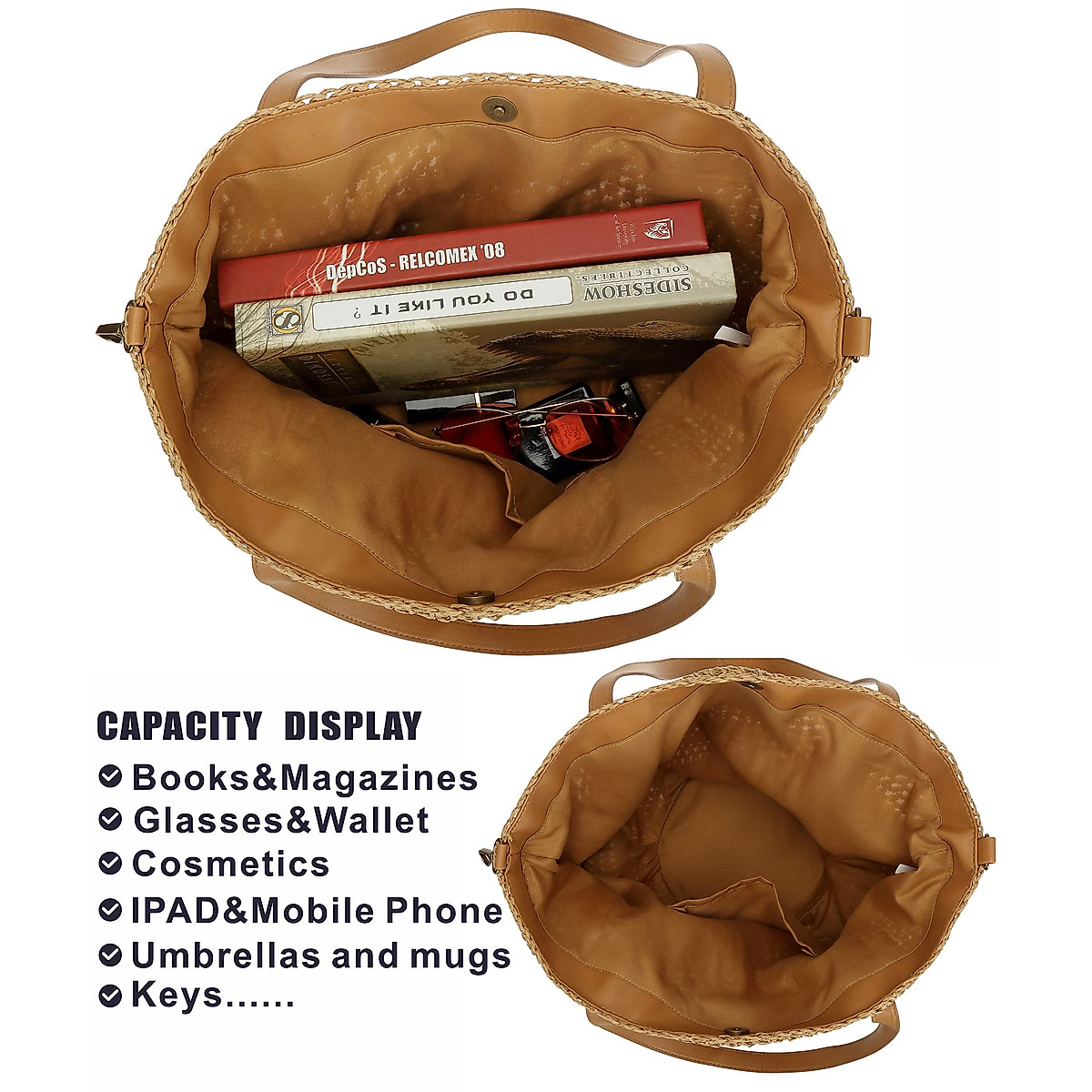 IN.RHAN Women's Handbag Large Straw Handmade Rattan Multi-functionWeave Shoulder Bag Beige