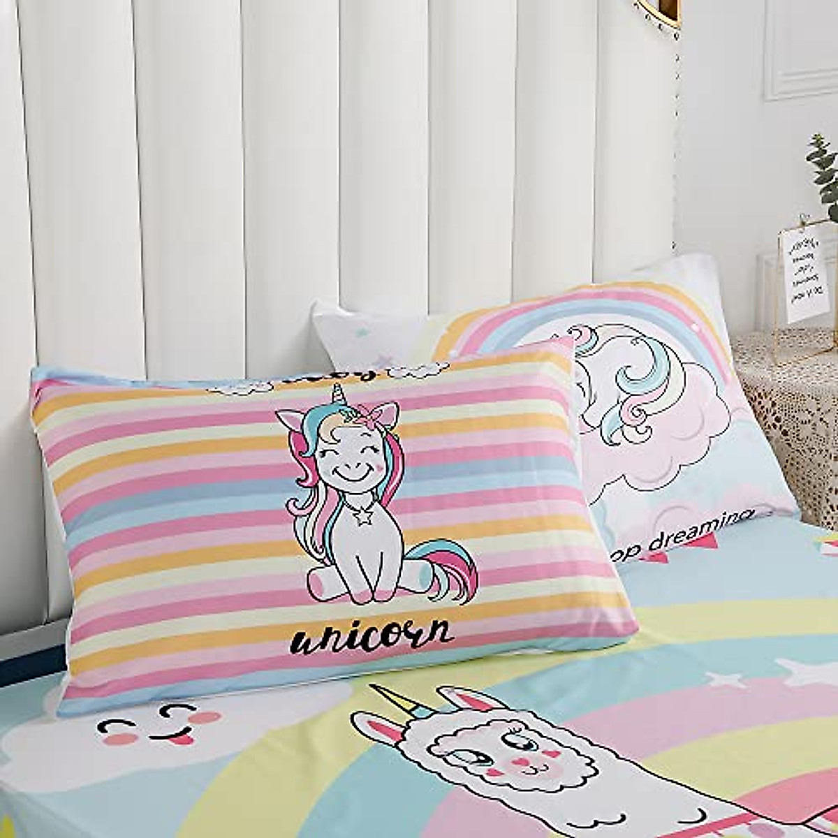 Roscloud Girls Unicorn Bed Sheets Sets Full Size - 3PC Memaind Rainbow Kids Fitted Sheet（Fitted Sheet x 1 Pillowcases x 2）