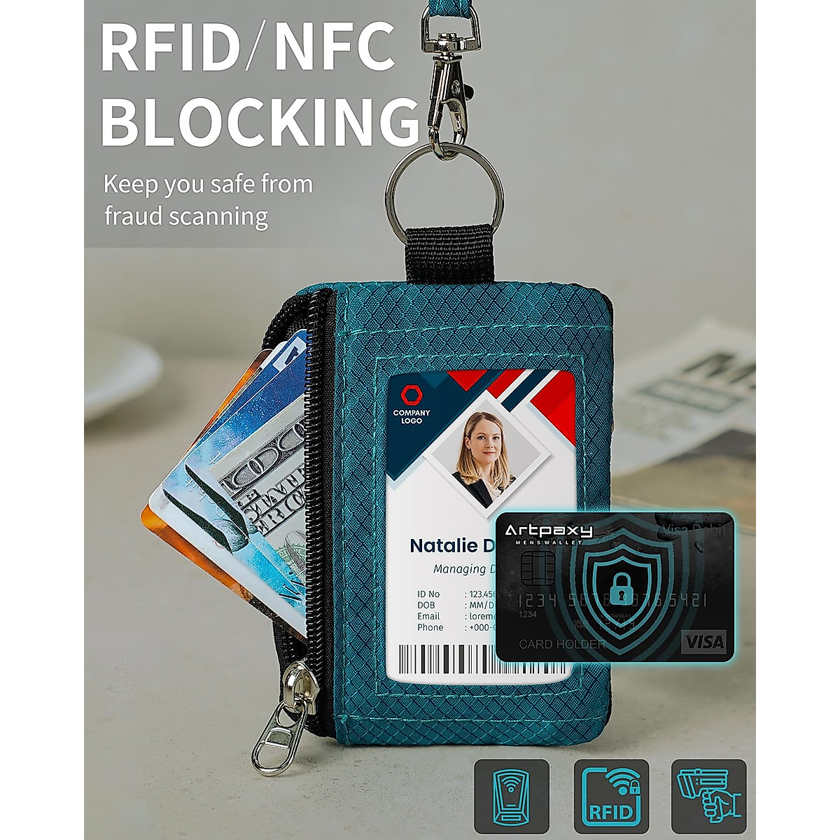 Artpaxy Minimalist Wallet For Mens Womens, Keychain RFID Blocking Zipper Small Wallet with ID Window 2 Lanyards,Water Resistant Travel Cash Card Coin Case Boys Girls