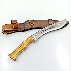5160 Forged Steel Tactical Fixed Blade Kukri Knife with Leather Sheath-Kukri Machete-Gurkha Khukuri-Full Tang Hunting Knife-Bushcraft Knife-Survival, Camping and Outdoor Activities, Kukri Plus Machete-Olive Wood Handle Knife
