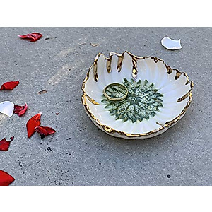 Green Lotus Flower Ring Dish with Gold Rim, Handmade Ceramic Trinket Dishes, Jewelry Gifts for Women and Men -stock photo, please read description
