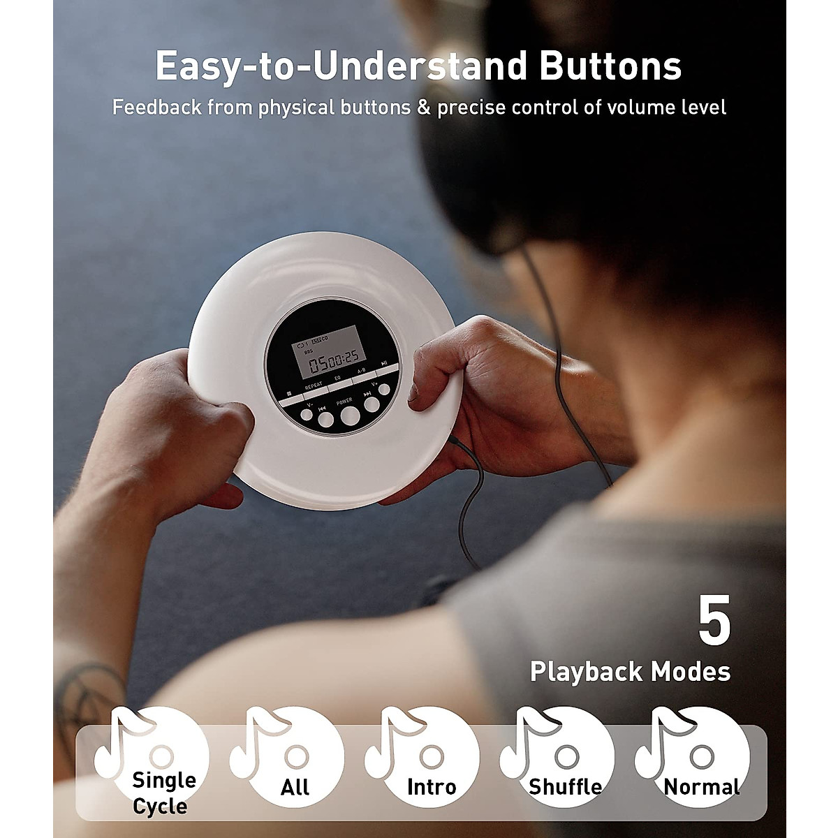 QUALORI CD Player Portable with Headphones,Small Discman CD Player, Anti-Skip and Shockproof for Home,Travel,Car, Personal Compact Music CD Walkman for Kids/Students/Seniors-White