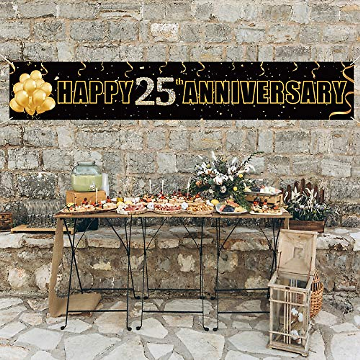 Yoaokiy Happy 25th Anniversary Banner Decorations Supplies, Large 25 Year Wedding Anniversary Party Sign, Black Gold 25 Years Anniversary Backdrop Photo Props for Outdoor Indoor(9.8x1.6ft)