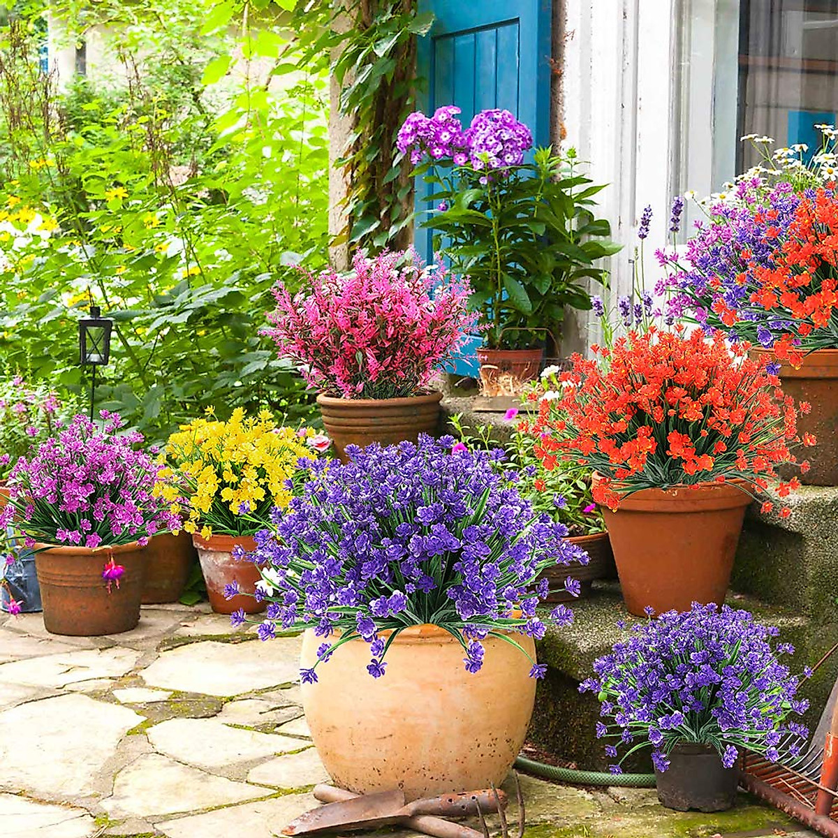 KLEMOO Artificial Flowers, 8 Bundles Fake Outdoor UV Resistant Greenery Faux Plants Shrubs for Indoor Outside Hanging Planter Home Office Wedding Farmhouse Decor (Purple)