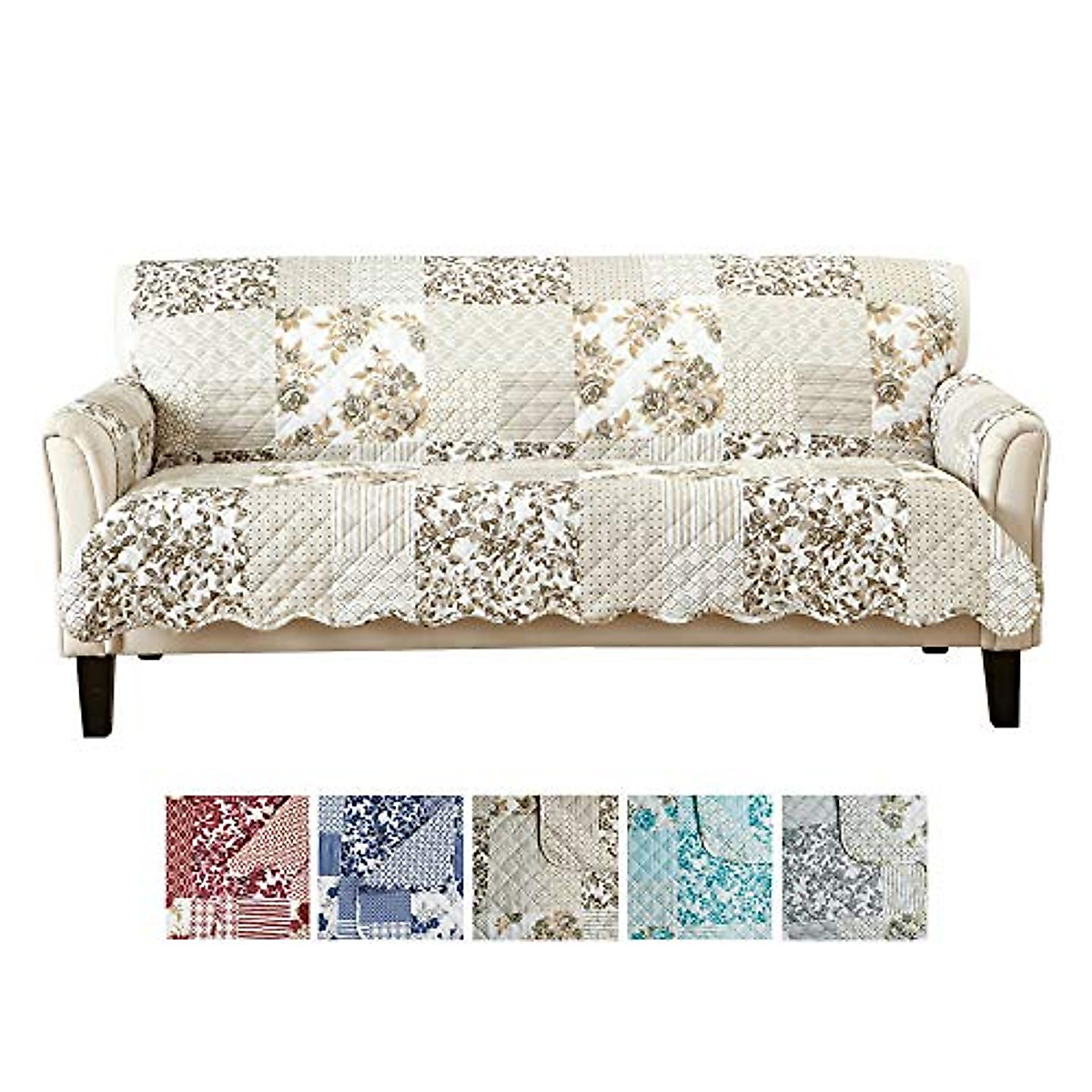 Great Bay Home Patchwork Scalloped Printed Furniture Protector. Stain Resistant Couch Cover. (Sofa, Taupe)