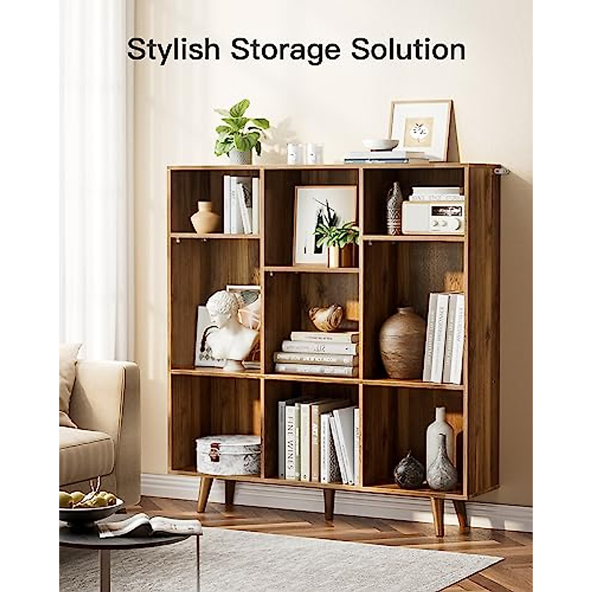 Pipishell 9-Cube Bookshelf, Bookcase with 3 Height-Adjustable Shelves and Solid Legs, Cube Storage Shelf, Modern Freestanding Open Bookshelf for Living Room, Bedroom, Walnut, PIBS04WN