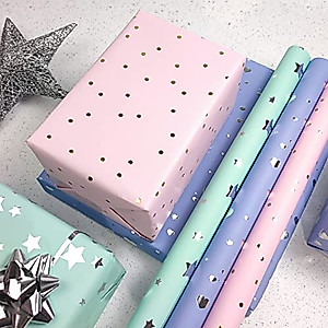 LDGOOAEL Mini Short Small Wrapping Paper Roll with Cut Lines on Reverse (17" X 120" Per Roll) - Light Purple/Pink/Blue with Gold/Silver Foil for Birthday, Wedding, Baby Shower,Bridal Showers
