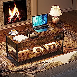 HOOBRO Lift Top Coffee Table, Coffee Table with Charging Station, Coffee Table with Lift Top and Power Outlet, Center Table for Living Room, Office, Reception Room, Rustic Brown and Black BF05UKF01