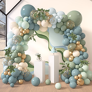 Amandir 170Pcs Dusty Blue Green Balloon Garland Arch Kit, Haze Fog Blue Ash Mist Sage Green Sand White Gold Confetti Balloons for Baby Shower Wedding Bridal Boho Birthday Party Backdrop Decorations