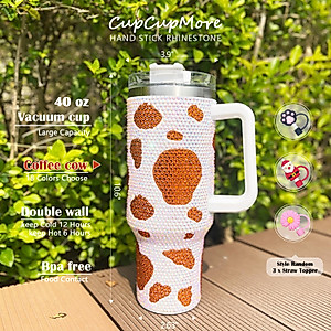 Cupcupmore 40oz Coffee Cow Bling Rhinestone Stainless Steel Sippy Tumbler Glitter Vacuum Insulated Water Bottle with Straw & Lid & Handle,Thermos for Hot & Cold Drinks,Car Cup Holder,Coffee