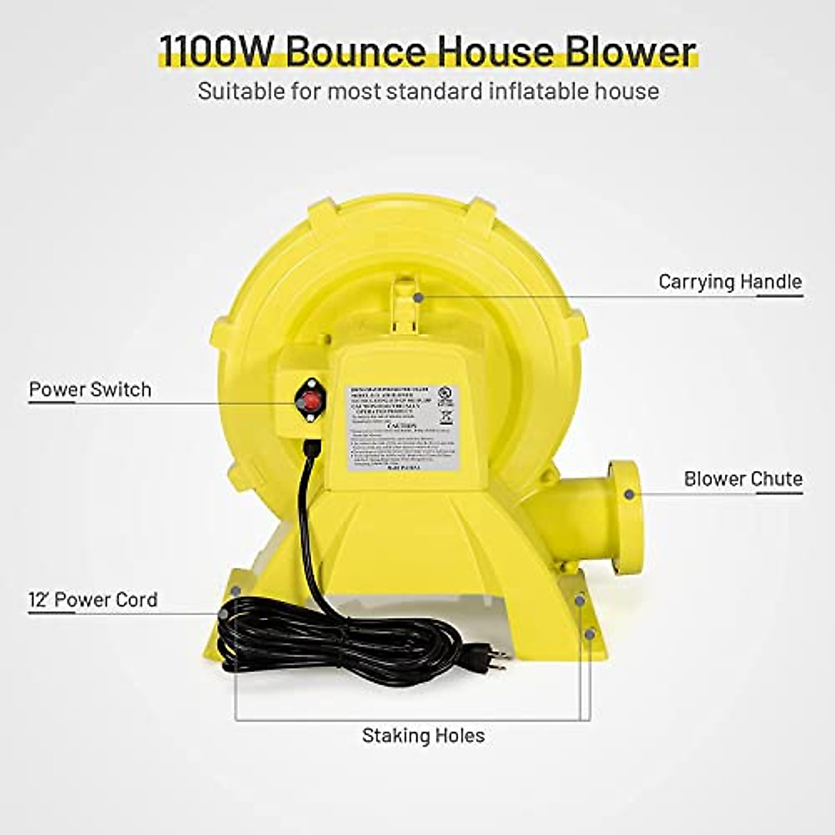 HONEY JOY Air Blower, 1100 Watts 1.5HP Bounce House Blower for Inflatables, Bouncy Castle and Jump Slides, 13FT Wire & Stakes, UL Certificate, Portable and Powerful Commercial Air Blower(1100w, 1.5HP)