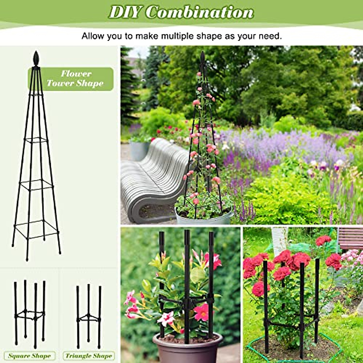 Garden Trellis for Climbing Plants Outdoor, 63 Inch Plant Support Trellis for Potted Plants, Tower Obelisk Trellis for Vines, Rose, Clematis, Flower Stands Plant Support Frame, Tomato Cage (1 Pack)