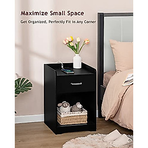 WEENFON Nightstands, Black Nightstand with Charging Station,Bedside Tables, End Table with Drawer, Open Space,Metal Handles, Large Storage,WFET16HN