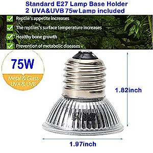 JackSuper 75W Reptile Heat Lamp, Turtle Heating Light UVA UVB Temperature Adjustable 360°Rotatable Clip Basking Lamp for Amphibian Reptile Turtle Lizard Snake (Heat Light with 2pcs 75W Bulb)