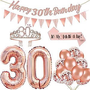Rose Gold 30th Birthday Decorations for Girls Rose Gold 30th Birthday Banner 30th Birthday Sash 30th Tiara 40 Inch NO. 30 Rose Gold Foil Balloons Rose Gold Confetti Balloons 30th Rose Gold Party Set