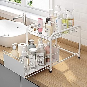 LEAYAN Multifunctional Under Sink Storage Metal Storage Drawer,Telescopic Sliding Drawer,Sliding Rack with Spice Dividers,Shower,Pantry,Kitchen,Bathroom,Under Sink Rack Shelf, White Short Large