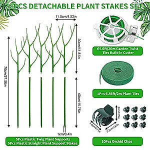 ROADPLUM 5 Pack 27.56" Detachable Twig Plant Support Stakes Set, Blends in to Plant, Branch Plant Sticks with Orchid Clips Twist Plant Ties, Twig Trellis for Indoor Outdoor Plants Potted Plants Flower
