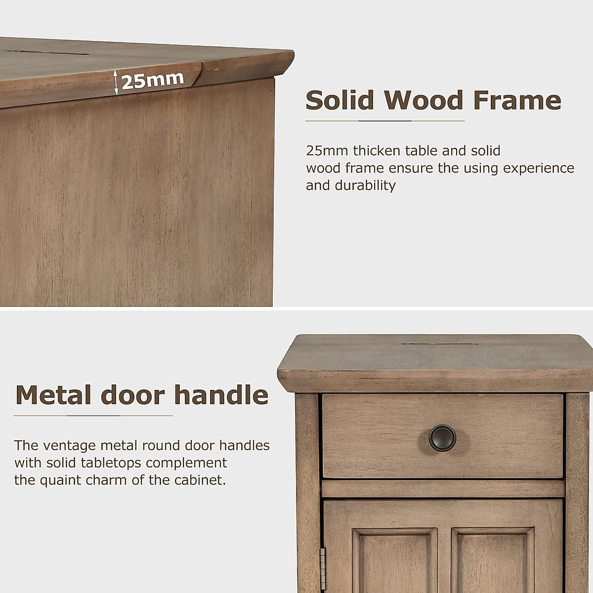 P PURLOVE Classic Vintage Living Room End Table, Wooden Side Table with USB Ports and One Multifunctional Drawer with Cup Holders (Antique Brown)