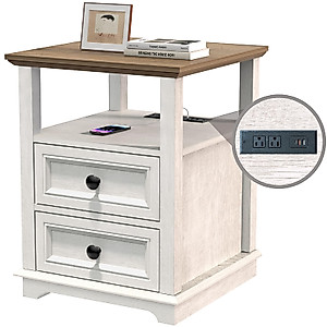 REDAYFUR End Table with Fast USB C Charging Station, 24” Tall Sofa Side Table with 2 Drawers, Large Storage Rustic Wood Square Storage Cabinet for Living Room,Bedroom,Office, White