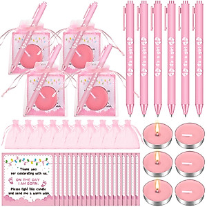 Ctosree 100 Sets Baby Shower Favors for Guests 100 Pcs Baby Shower Candles 100 Thank Tags 100 Drawstring Gift Bags 100 Retractable Ballpoint Pen with Black Ink for Baby Gender Reveal(Girl)