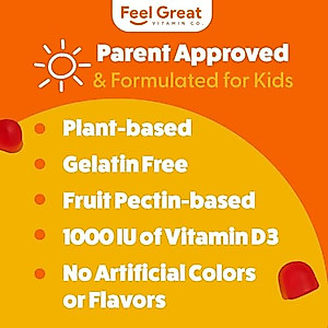 Feel Great Kids Vitamin D3 1000 IU Gummies | Kids Vitamin D Gummies for Healthy Bones, Mood, & Immune Support | Citrus Flavored Vegetarian D3 Gummies | 90 Day Supply