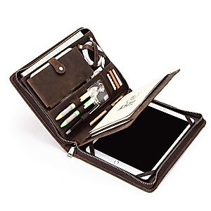Business Portfolio Leather, Hiram Vintage Leather padfolio case Pouch for iPad Pro 10.5 Air 3 11 10.2" Tablet Protector for iPad 9.7 Air 2 Zippered Journal Holder(Coffee)
