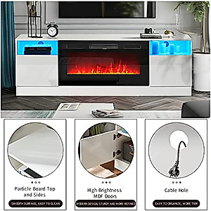 oneinmil Fireplace TV Stand with 36" Electric Fireplace, LED Light Entertainment Center, Modern Wood Texture Entertainment Stand with Highlight Storage Cabinet for TVs Up to 80", 70 inches,White