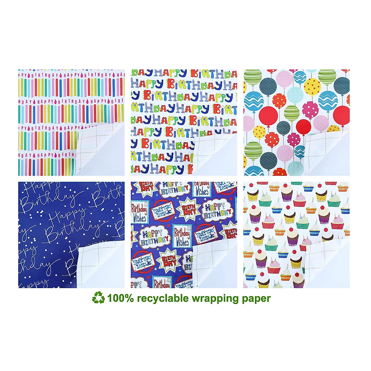 Titiweet Happy Birthday Wrapping Paper Sheets with Cut Line, Recycled Gift Wrapping Paper, 6 Sheets Folded Flat Gift Wrap with Sticker Ribbon Tape, 20 x 28 Inches Per Sheet