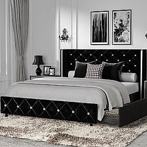 4 EVER WINNER Queen Size Bed Frame with 4 Storage Drawers, Velvet Tufted Diamond Platform Bed Frame with Upholstered Wingback Headboard, Heavy Duty Solid Wood Slats Support, No Box Spring Need, Black