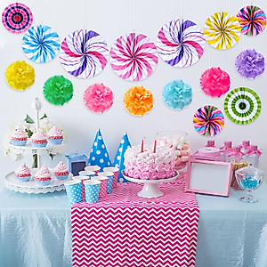 Outus 21 Pcs Candyland Hanging Paper Fans Decorations Candy Party Classroom Decor Lollipop Candy Tissue Paper Fans for Garland Ceilings Candyland Theme Kids Birthday Party Supplies(Pom Poms)